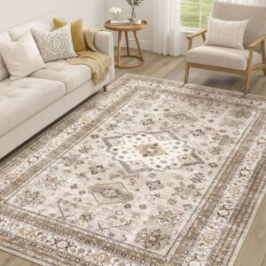 vintage living room area rug 5x7 - large soft washable oriental traditional distressed farmhouse rugs for bedroom - indoor floor accent carpet for home office house decor - beige