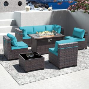 asjmr outdoor patio furniture set with gas fire pit table, 8 pieces outdoor furniture set patio sectional sofa w/43in propane fire pit, pe wicker rattan patio conversation sets - teal.