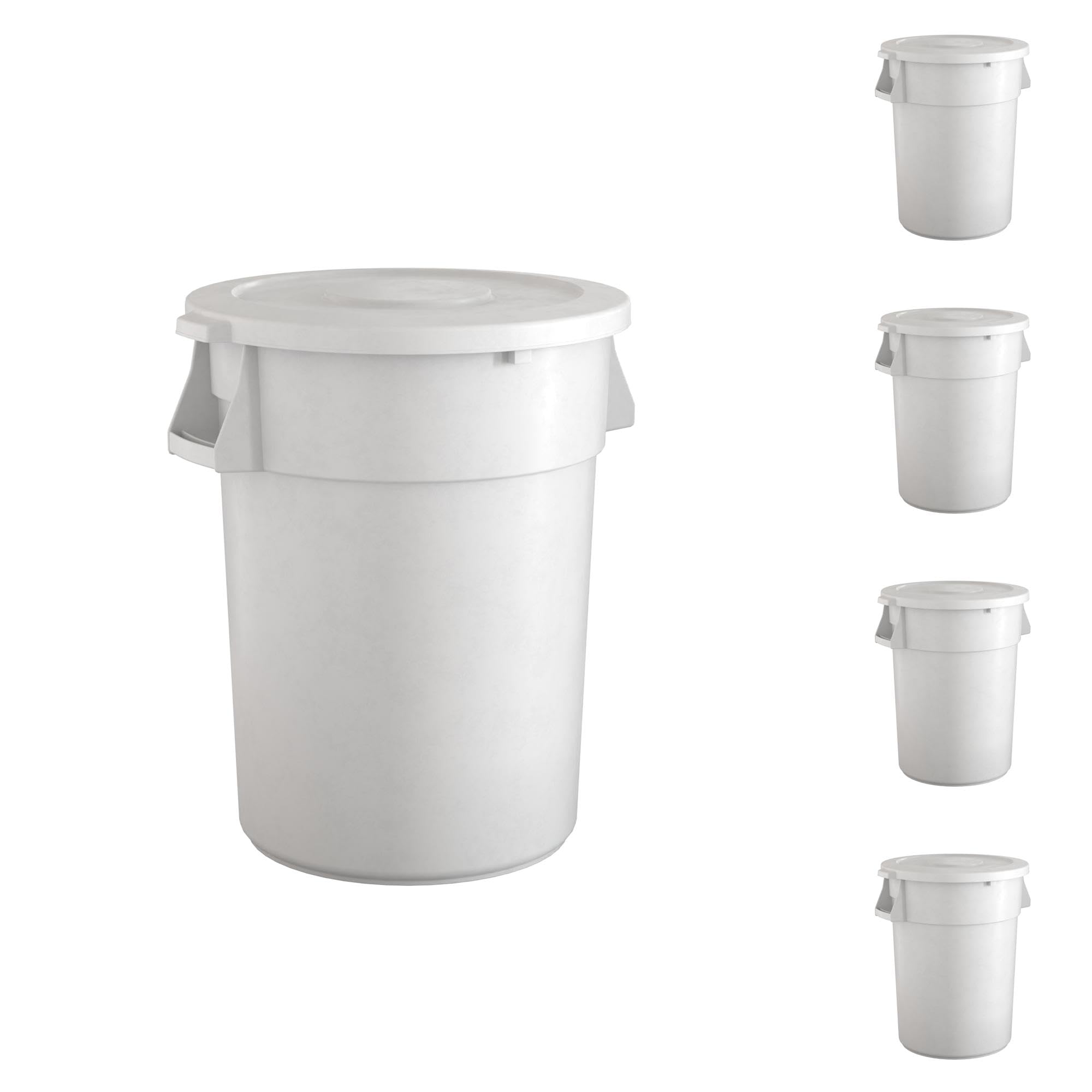 5-Pack! 44 Gallon White Round Commercial Trash Can and Lid, Perfect for Restaurant, Office, School, Garage, Backyard, Workshop, Warehouse