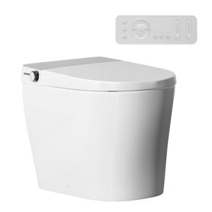 deluxe living smart bidet toilet,modern elongated tankless toilet with soft closing heated seat,warm water,dryer,auto flush,knob and remote control,one piece toilet for bathrooms