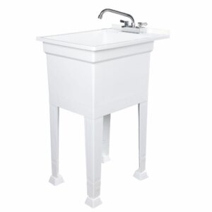 utilitysinks 18 inch plastic freestanding utility tub sink with heavy duty stainless steel swing faucet for garage, laundry room, and garden, white