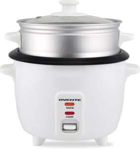 ovente electric rice cooker with food steamer basket, automatic keep warm function, makes up to 10 cups cooked (5 cups uncooked) white, rcs01w