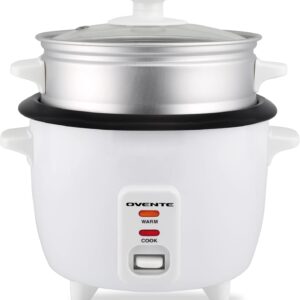 OVENTE Electric Rice Cooker with Food Steamer Basket, Automatic Keep Warm Function, Makes up to 10 cups Cooked (5 cups Uncooked) White, RCS01W