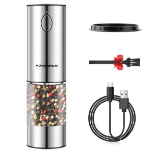 advanfam upgraded larger capacity electric salt pepper grinder stainless steel pepper grinder with led light, rechargeable automatic salt or pepper mill features adjustable coarseness