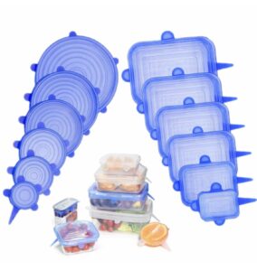 tracol reusable silicone stretch lids, 12 pcs silicone lids, 6 different sizes bpa-free silicone bowl covers for cups, bowls and dish, flexible, round and rectangle fit 2.5" - 8.5” container, blue