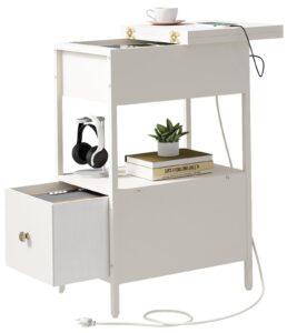 soowery end table with charging station, narrow side table with flip top cabinet and fabric drawer, nightstand bedside tables for small spaces, bedroom, living room, white