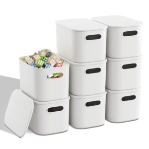 mshomely 8 packs plastic storage bins with lid white storage containers with lids stackable containers for organizing storage box with handle, cube storage bins for shelves, 9.84x7.1x6.3 inch