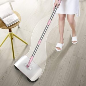 Household Hand Push Sweeper Sweeping Machine Mop Broom Dustpan Floor Cleaning Tools with Large Capacity Dust Box for Home (Pink)