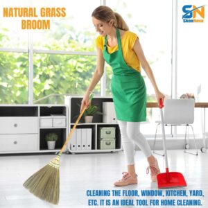 42" Handmade Natural Grass Broom with Solid Wood or Bamboo Stick, Sweep Debris Dirt Dust