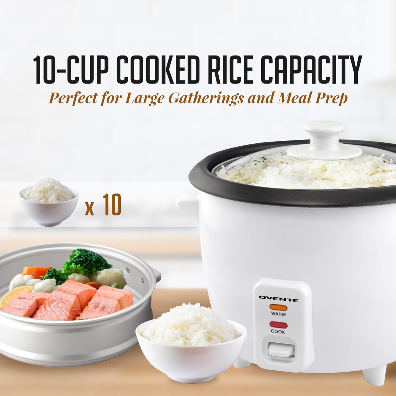 OVENTE Electric Rice Cooker with Food Steamer Basket, Automatic Keep Warm Function, Makes up to 10 cups Cooked (5 cups Uncooked) White, RCS01W