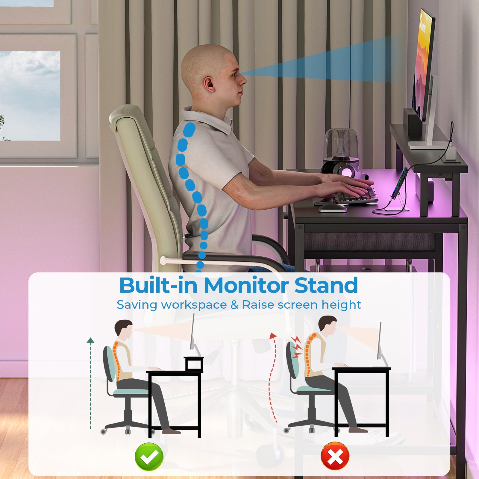 GreenForest Gaming Desk 39 Inch with LED Lights and Monitor Stand, Computer Desk with Drawer for Small Spaces, Office Desk with Power Outlets and Shelf, Black