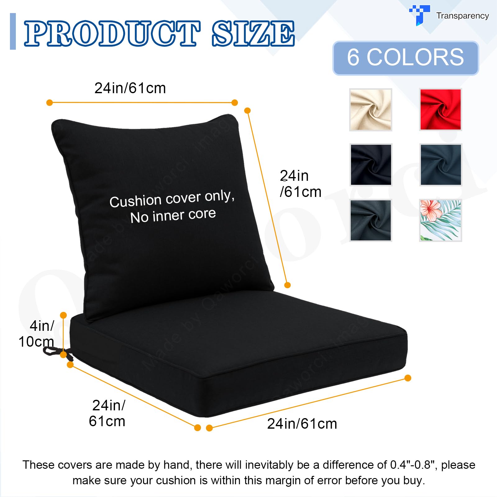 Qaworci Outdoor Patio Seat Cushion Cover Replacement, 2Pcs Patio Furniture Cushions Slipcovers with Zipper, Anti-Slip Waterproof Patio Chair Cushion Cover for Garden and Backyard(24 * 24, Black)