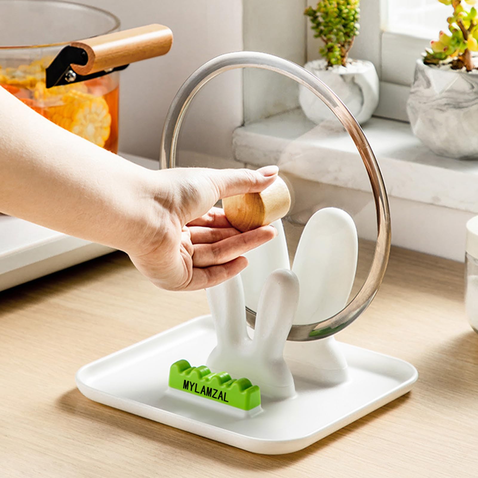 MYLAMZAL Spoon Rest for Stove Top,Spoon and Lid Rest,Pot Lid Holder While Cooking,Cute Spoon Rest for Kitchen Counter,Spoon Rest with Lid Holder,Stove Spoon Rest for Supoon、Pans、Spatula、Ladle - White