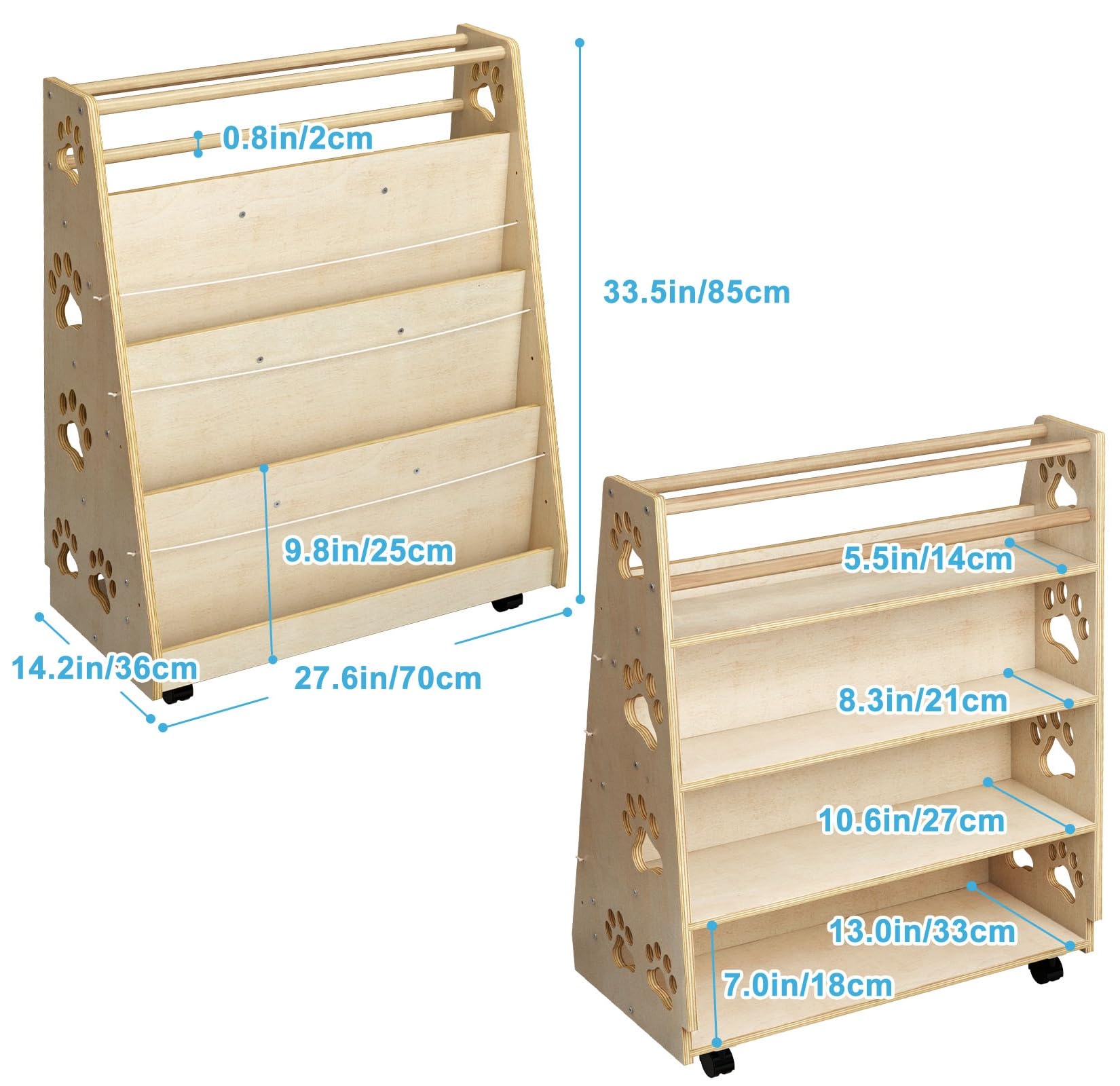 Homsailei Double-Sided Kids Bookshelf, 4 Tier Montessori Bookshelf with Wheels, Kids Storage Book Display Rack and Toy Organizer Cabinet for Bedroom,Study Living Room,Nursery,Classroom