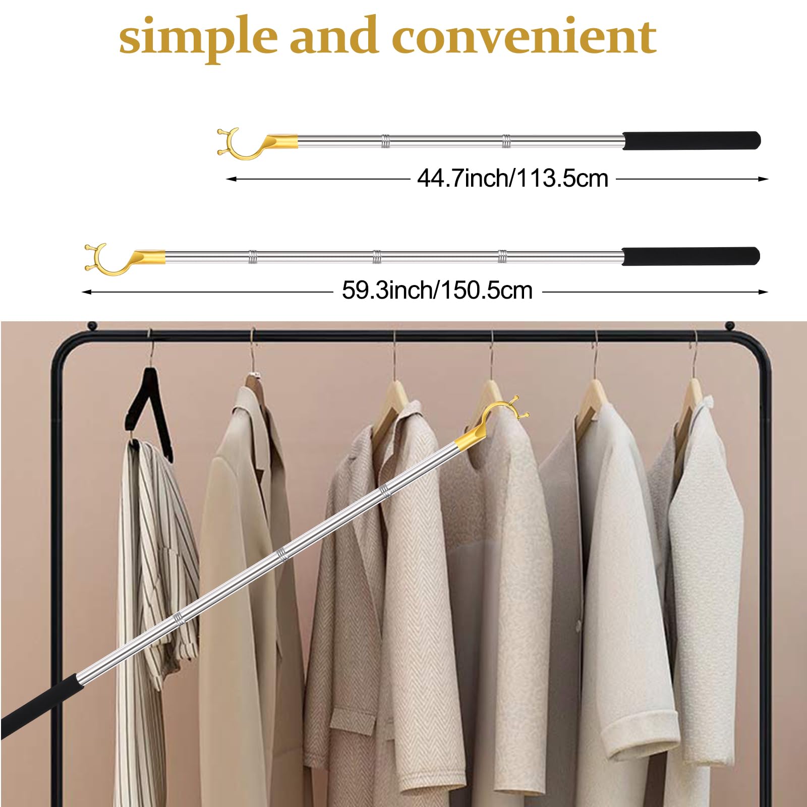 Cagaloi clothes hook pole，56inch adjustable extension pole.High Reach Garment Hook for Hanging Clothes Light and Plants Made of stainless steel, the pole is strong yet lightweight with a sponge handle