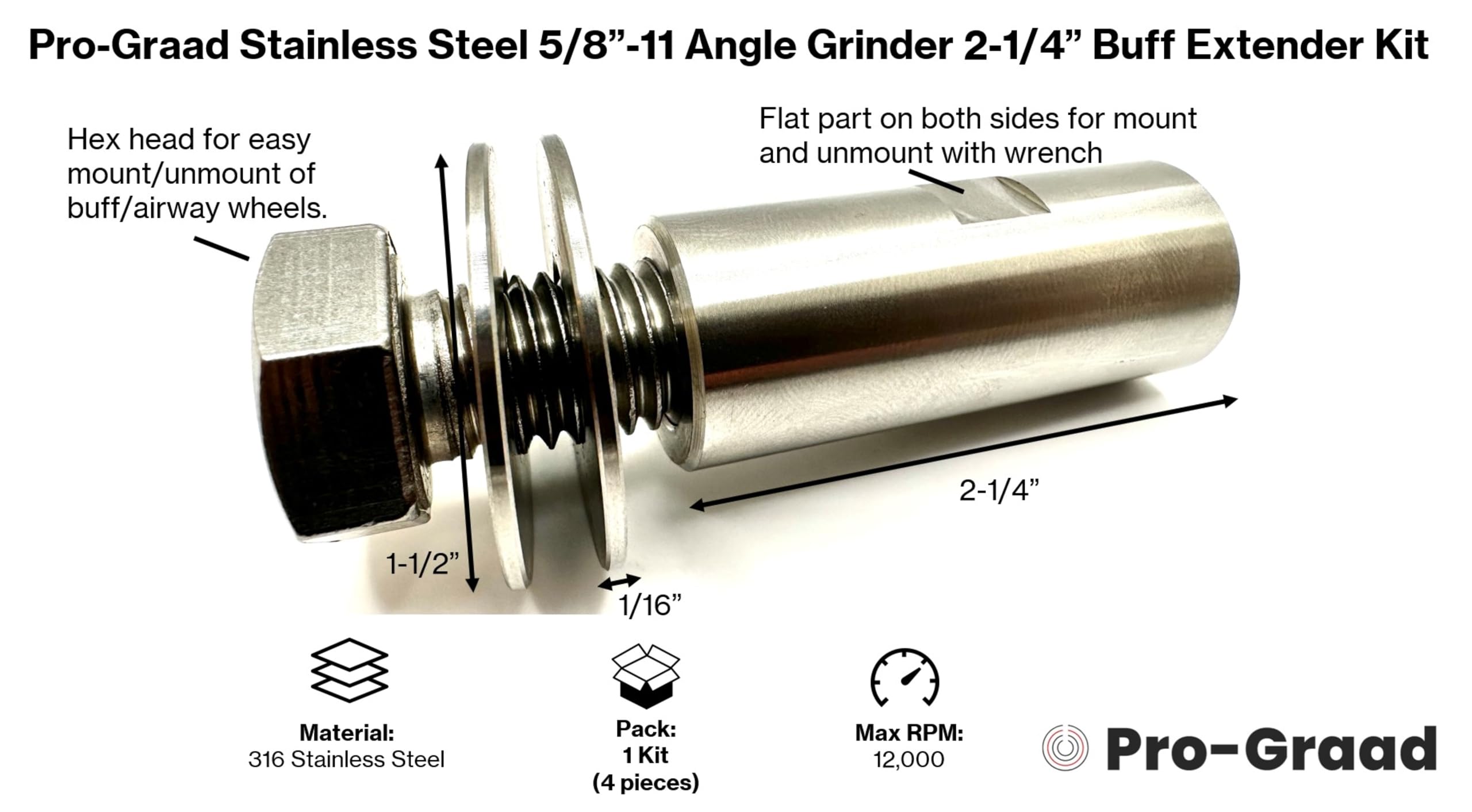 Pro-Graad Stainless Steel 5/8”-11 Angle Grinder Buff Extender Kit, Airway Buffing Polishing Wheel 2-1/4” Extension Shaft, Threaded Arbor Extension Adapter, for Angle Grinders