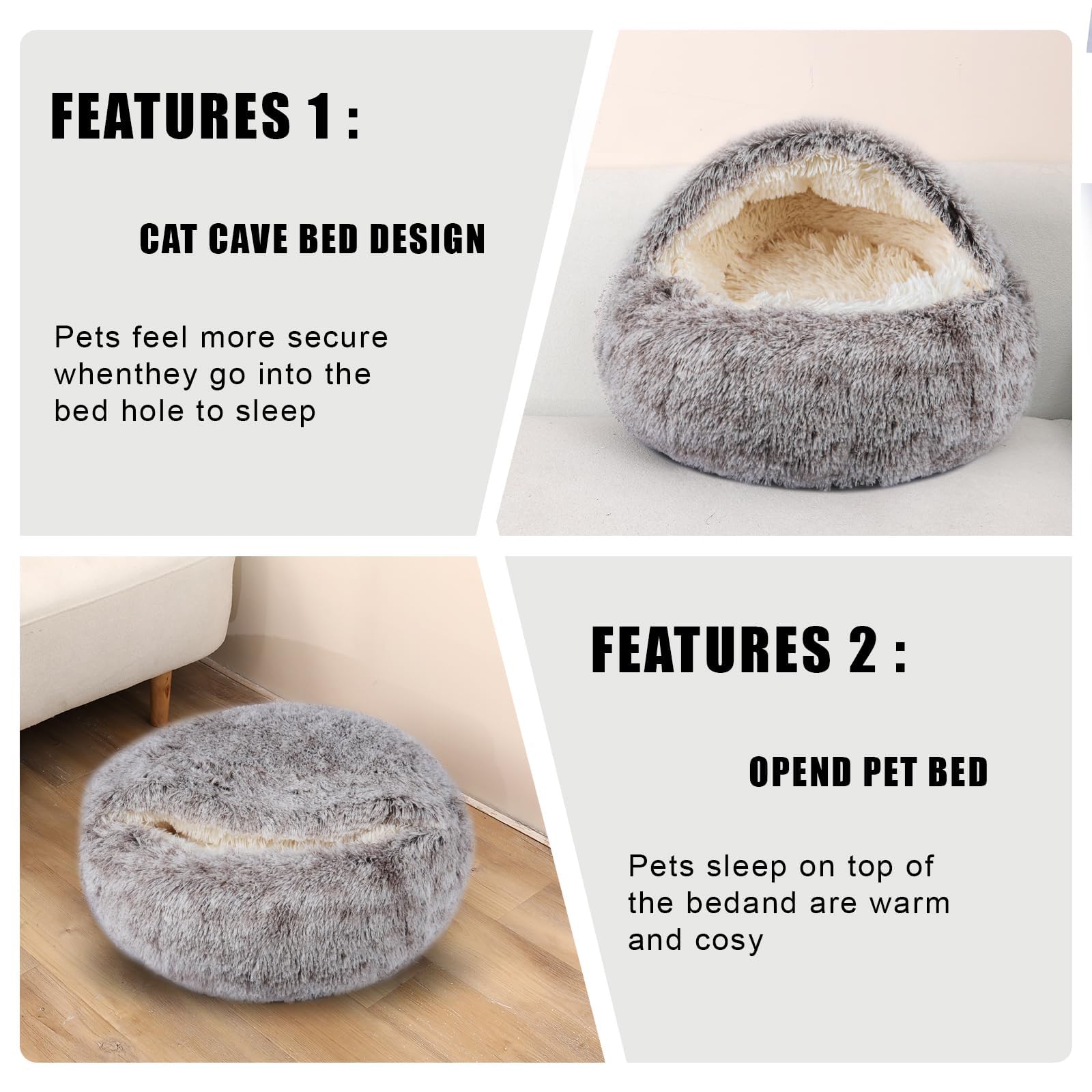 Calming Dog Beds & Cat Cave Bed with Hooded Cover,Washable Round Beds for Small Medium Pets,Anti-Slip Faux Fur Fluffy Coved Bed,Comfortable Warming Pet Bed (24 * 24inch,Khaki)