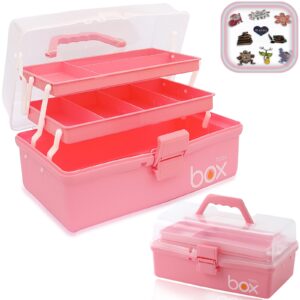 voaucean 12'' three-layer folding storage box, art crafts case,organization portable handled tool box for sewing,makeup,tackle,medical supply organizer (pink)