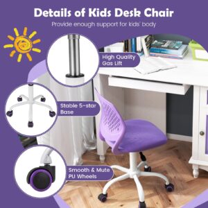 DORTALA Desk Chair for Teen, Kids Armless Swivel Small Cute Low-Back Mesh Office Chair Comfy with Adjustable Height, Lumbar Support, Ergonomic Computer Study Chair in Home Bedroom School, Purple