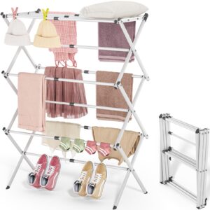 apexchaser clothes drying rack, 3-tier laundry drying rack for clothes, expandable metal clothing dryer, collapsible towel rack, air drying rack, white