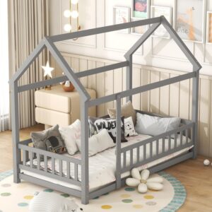 harper & bright designs twin floor bed for kids, wooden twin montessori floor bed with fence-shaped rails, twin size house bed for girls, boys(twin, grey)