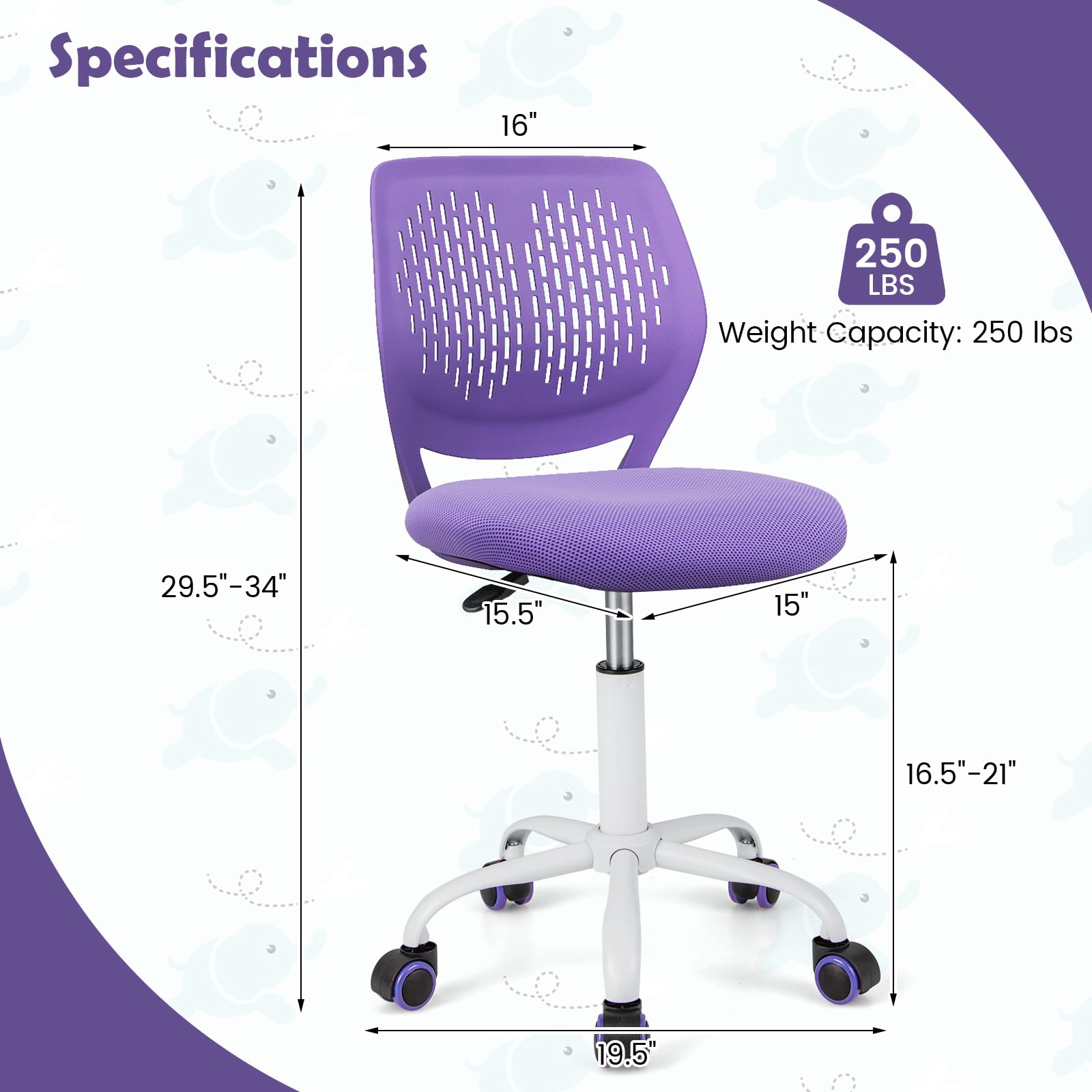 DORTALA Desk Chair for Teen, Kids Armless Swivel Small Cute Low-Back Mesh Office Chair Comfy with Adjustable Height, Lumbar Support, Ergonomic Computer Study Chair in Home Bedroom School, Purple