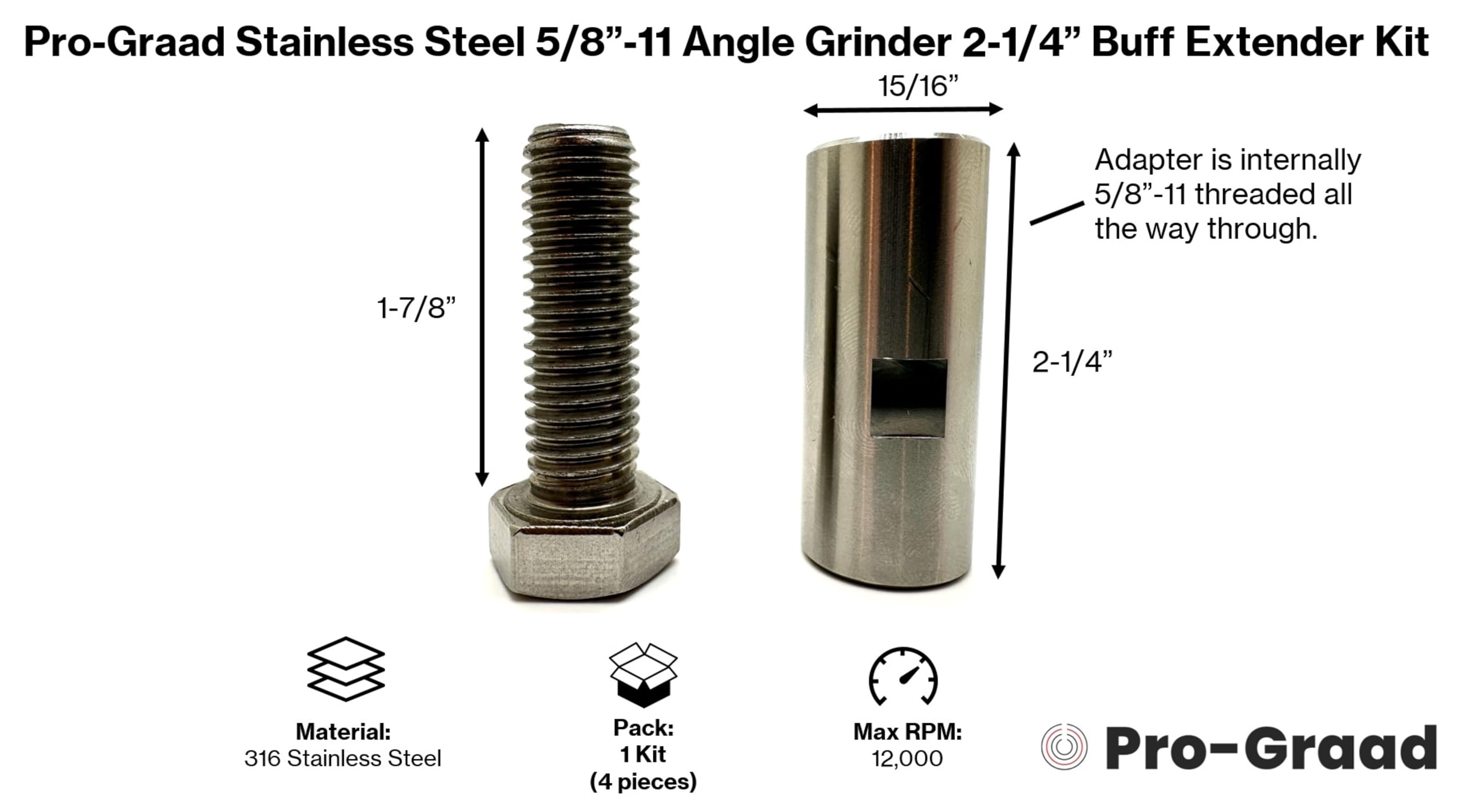 Pro-Graad Stainless Steel 5/8”-11 Angle Grinder Buff Extender Kit, Airway Buffing Polishing Wheel 2-1/4” Extension Shaft, Threaded Arbor Extension Adapter, for Angle Grinders