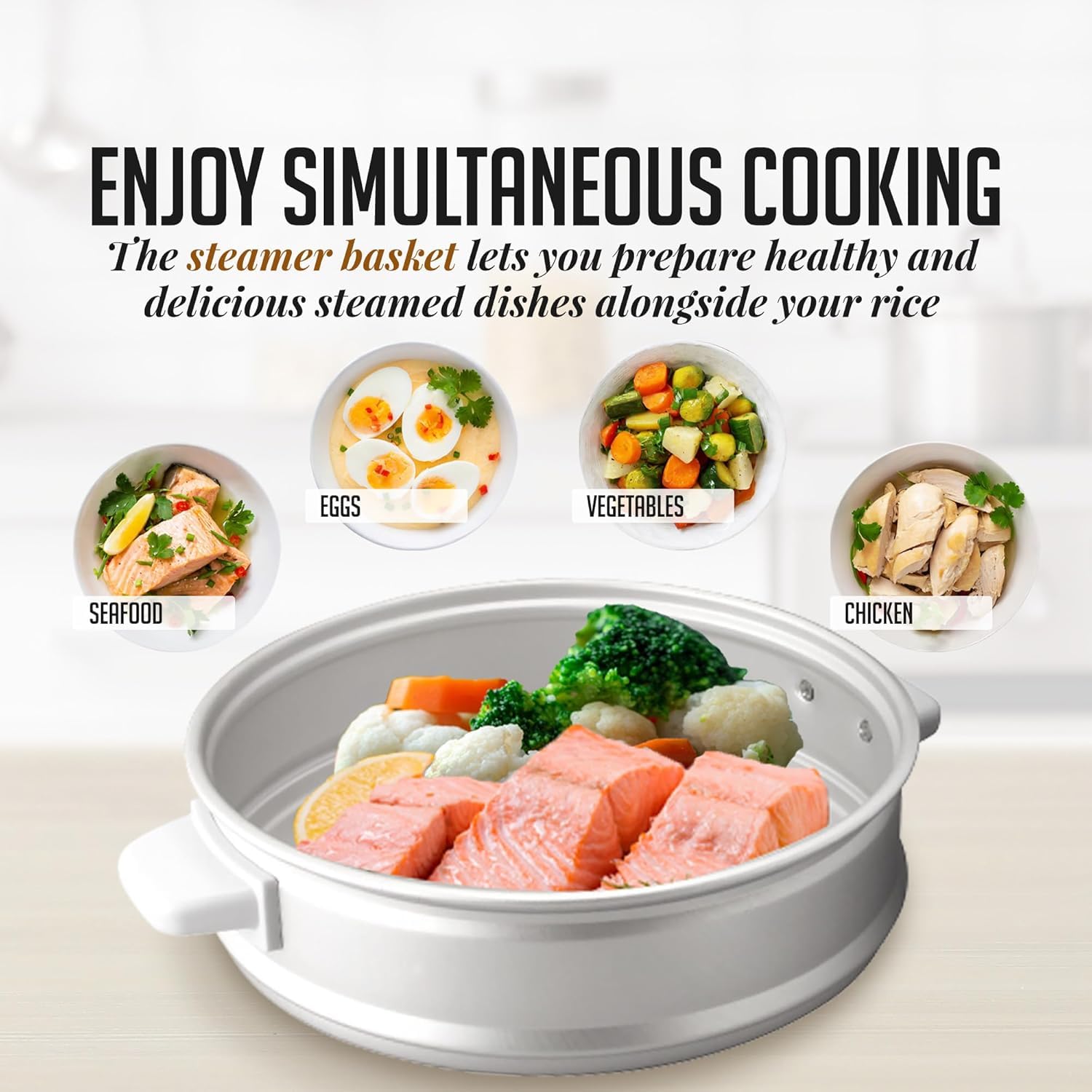 OVENTE Electric Rice Cooker with Food Steamer Basket, Automatic Keep Warm Function, Makes up to 10 cups Cooked (5 cups Uncooked) White, RCS01W