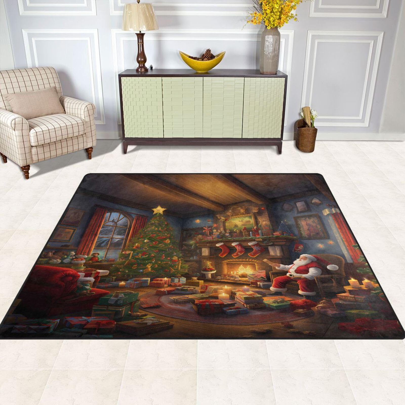 ALAZA Star Christmas Tree Santa Claus Non Slip Area Rug 5' x 7' for Living Dinning Room Bedroom Kitchen Hallway Office Modern Home Decorative