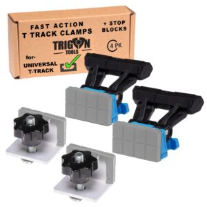 t-track clamps for woodworking, t track accessories, for t-track profile (3/4’’ * 3/8’’) | stop blocks | inline auto adjust quick release woodworking clamps, for routers, drill press, table saws, 4pc