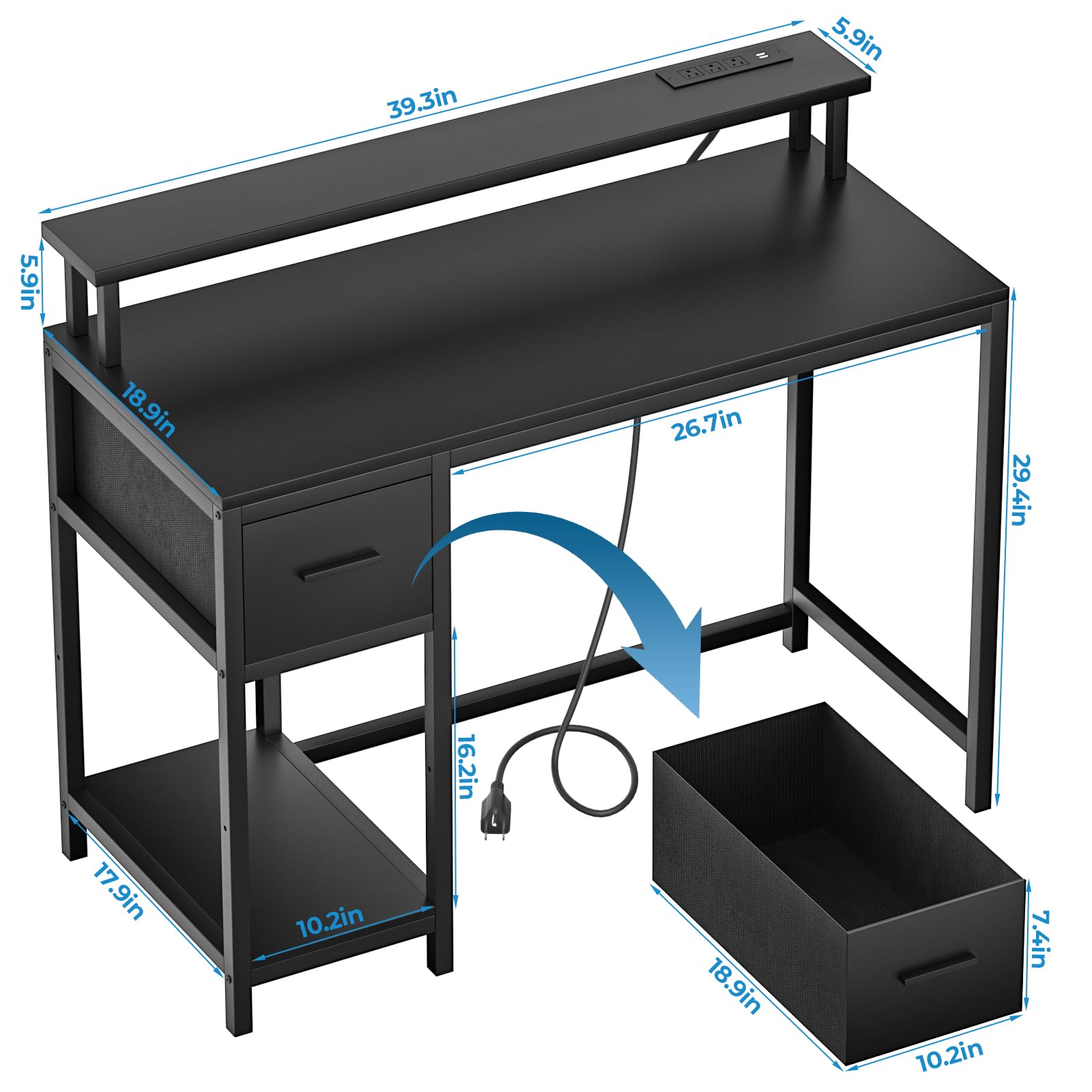 GreenForest Gaming Desk 39 Inch with LED Lights and Monitor Stand, Computer Desk with Drawer for Small Spaces, Office Desk with Power Outlets and Shelf, Black