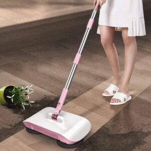 Household Hand Push Sweeper Sweeping Machine Mop Broom Dustpan Floor Cleaning Tools with Large Capacity Dust Box for Home (Pink)