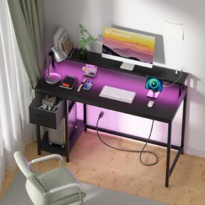 GreenForest Gaming Desk 39 Inch with LED Lights and Monitor Stand, Computer Desk with Drawer for Small Spaces, Office Desk with Power Outlets and Shelf, Black