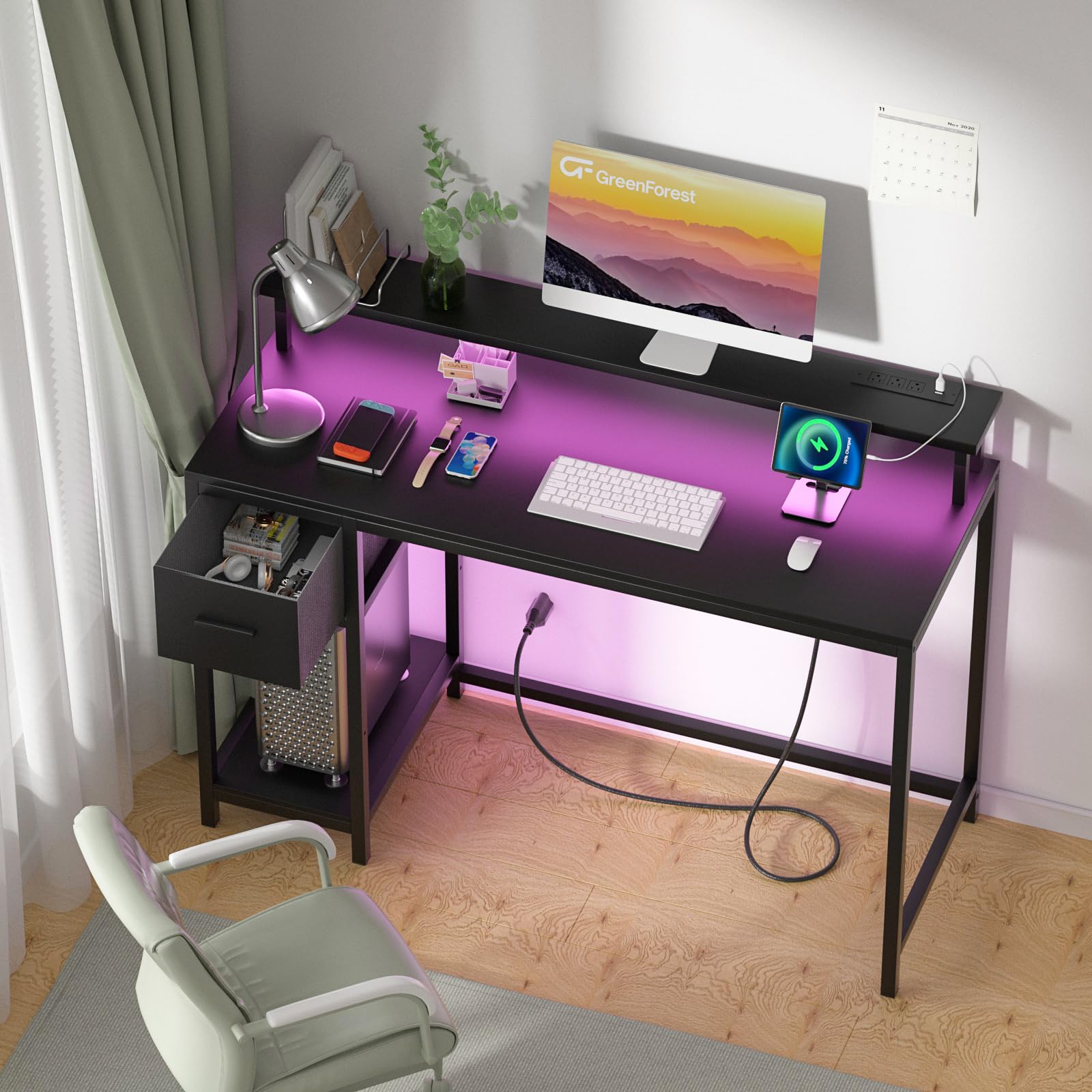 GreenForest Gaming Desk 39 Inch with LED Lights and Monitor Stand, Computer Desk with Drawer for Small Spaces, Office Desk with Power Outlets and Shelf, Black