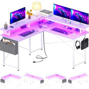 armocity l shaped computer desk with power outlets, gaming led lights, corner storage shelves, work study for bedroom, home office small spaces, 47'', carbon fiber purple