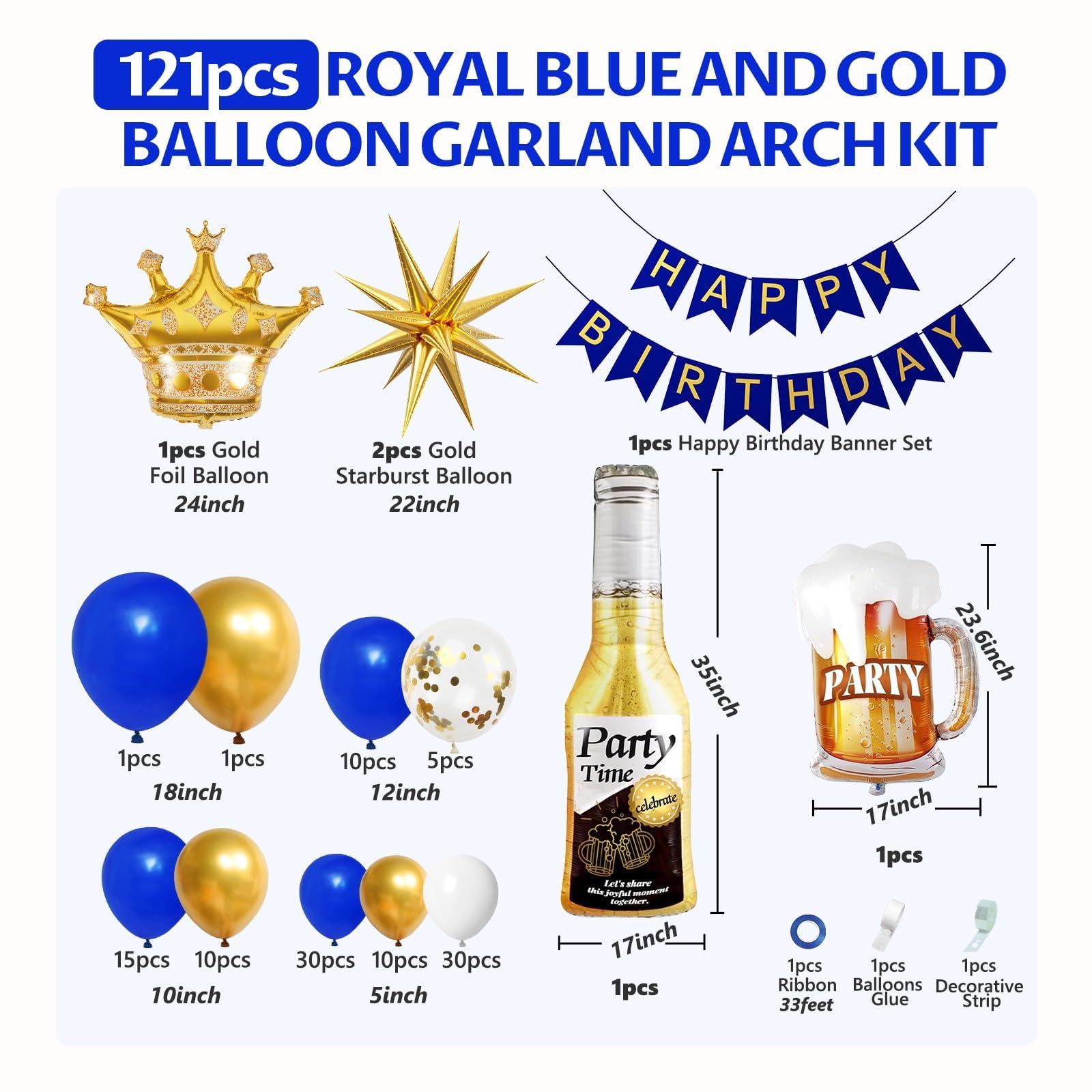 121pcs Royal Blue Gold Birthday Party Decorations with Happy Birthday Banner Foil Balloons for 16th 18th 21st 24th 32th 40th 50th 60th Birthday Decorations for Men