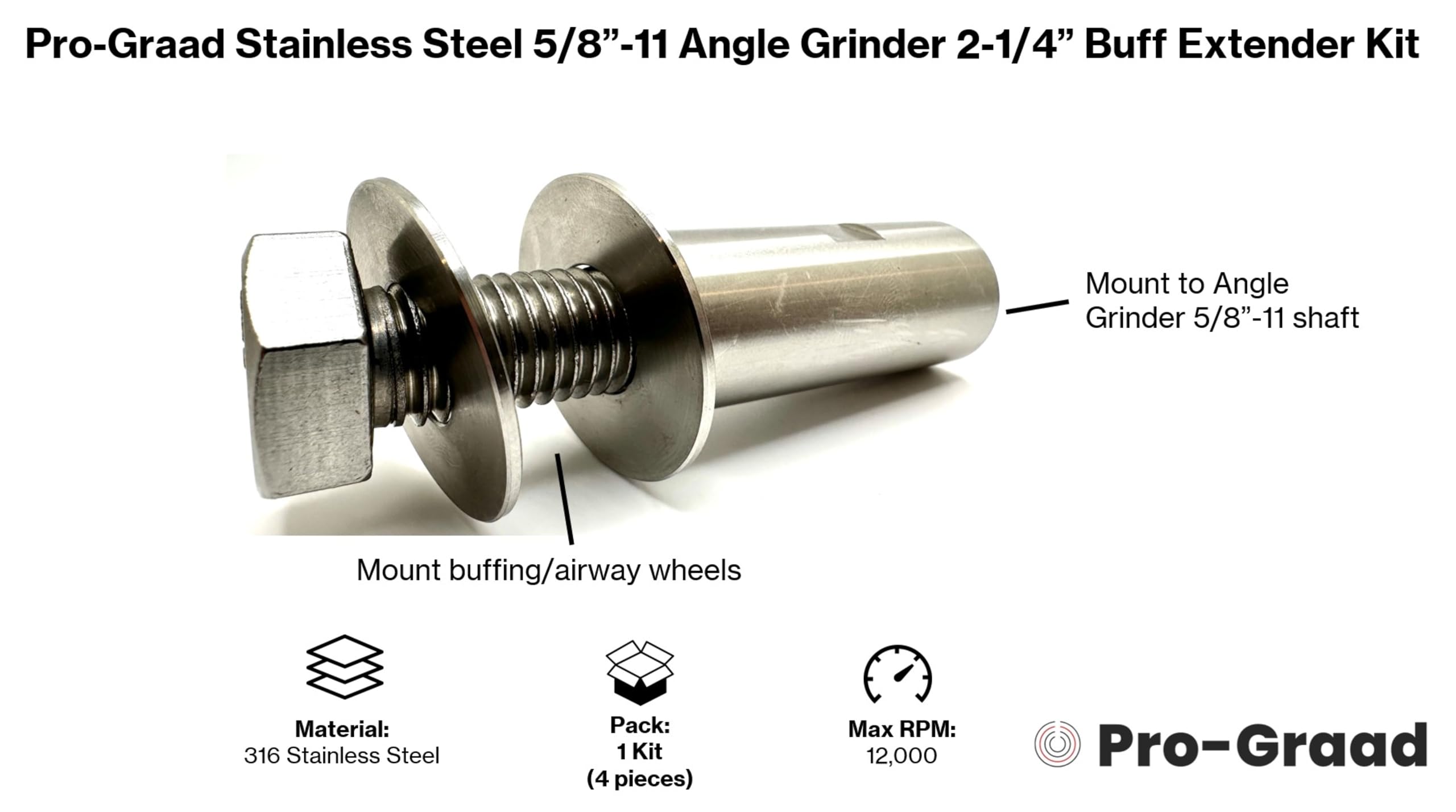 Pro-Graad Stainless Steel 5/8”-11 Angle Grinder Buff Extender Kit, Airway Buffing Polishing Wheel 2-1/4” Extension Shaft, Threaded Arbor Extension Adapter, for Angle Grinders