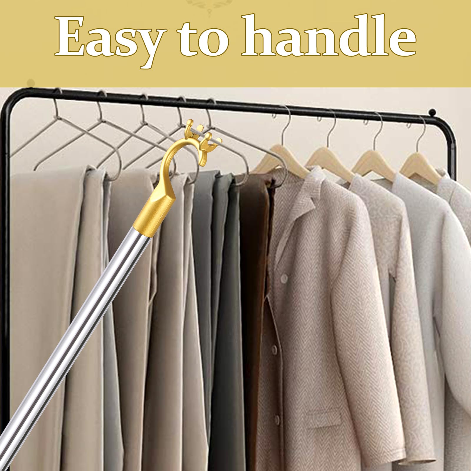 Cagaloi clothes hook pole，56inch adjustable extension pole.High Reach Garment Hook for Hanging Clothes Light and Plants Made of stainless steel, the pole is strong yet lightweight with a sponge handle