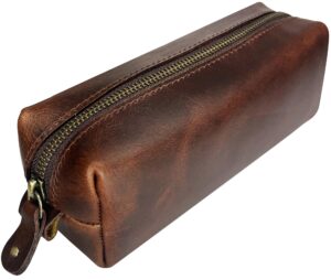 rustic town leather pencil case - handcrafted full-grain zipper leather pen pencil holder - elegant & practical pencil pouch for work & office