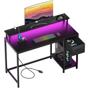 greenforest gaming desk 39 inch with led lights and monitor stand, computer desk with drawer for small spaces, office desk with power outlets and shelf, black