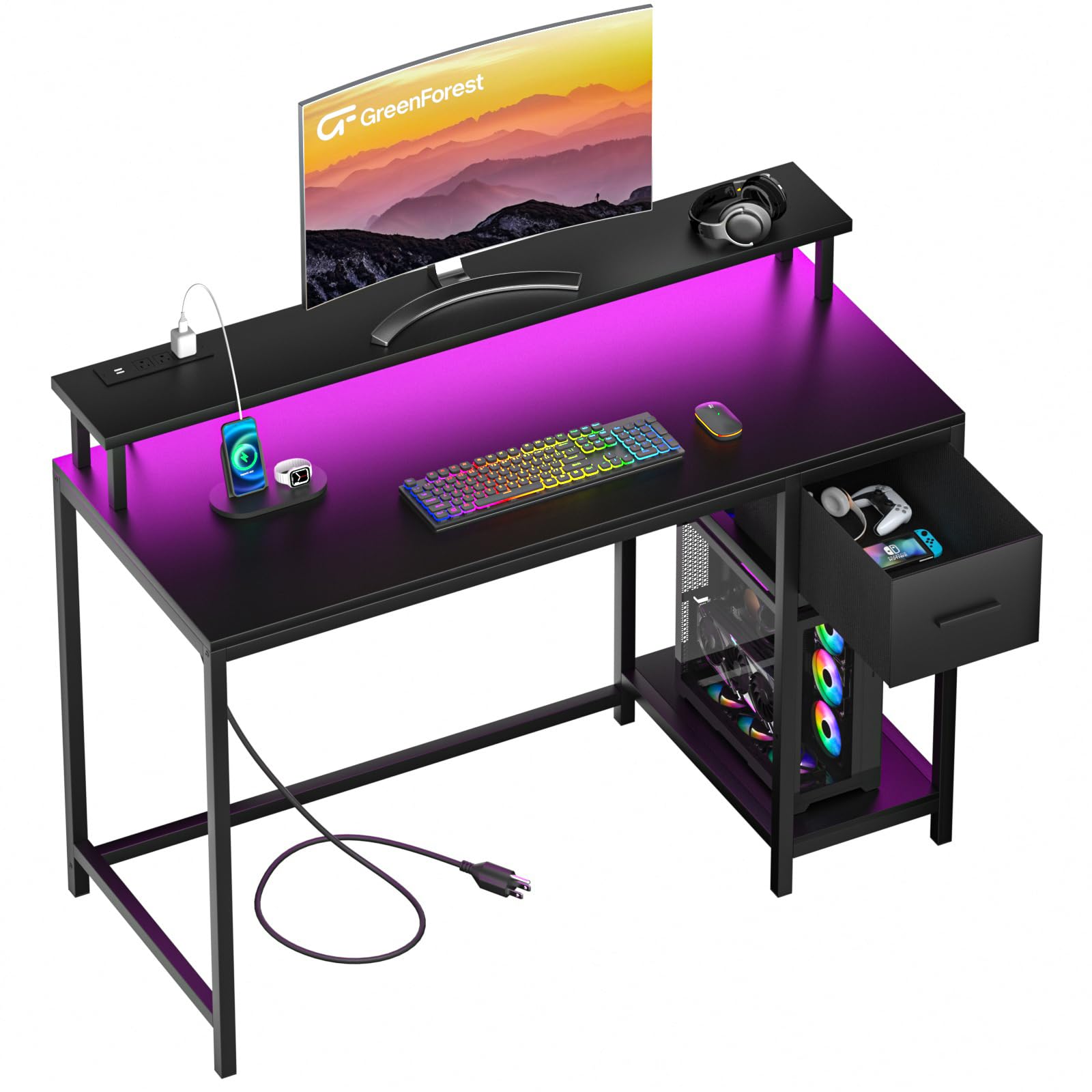 GreenForest Gaming Desk 39 Inch with LED Lights and Monitor Stand, Computer Desk with Drawer for Small Spaces, Office Desk with Power Outlets and Shelf, Black