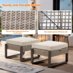 Gardenbee 2 Pieces Outdoor Patio Ottoman, All-Weather PE Rattan Ottomans Footstools with Removable Cushions & Anti-Rust Steel Frame Legs for Garden Backyard Porch Deck, Beige