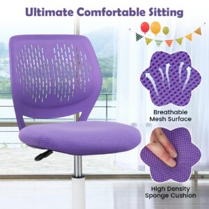 DORTALA Desk Chair for Teen, Kids Armless Swivel Small Cute Low-Back Mesh Office Chair Comfy with Adjustable Height, Lumbar Support, Ergonomic Computer Study Chair in Home Bedroom School, Purple