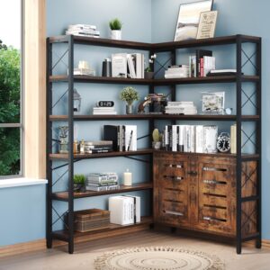 wildhome 6-shelf corner bookshelf, vintage industrial corner bookshelf etagere bookcase, large book shelf with metal frame open storage corner cabinet (brown-lockers, large)