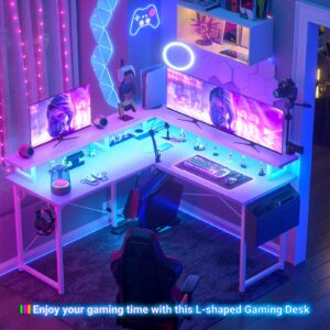 armocity L Shaped Computer Desk with Power Outlets, Gaming LED Lights, Corner Storage Shelves, Work Study for Bedroom, Home Office Small Spaces, 47'', Carbon Fiber Purple