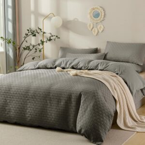 JELLYMONI Grey Duvet Cover King Size - 3 Pieces Soft and Breathable Microfiber Knitted Jacquard Waffle Weave Striped Comforter Cover with 8 Corner Ties & Zipper Closure