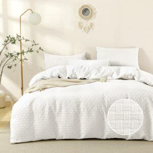 jellymoni white duvet cover twin size - 3 pieces soft and breathable microfiber knitted jacquard waffle weave striped comforter cover with 8 corner ties & zipper closure