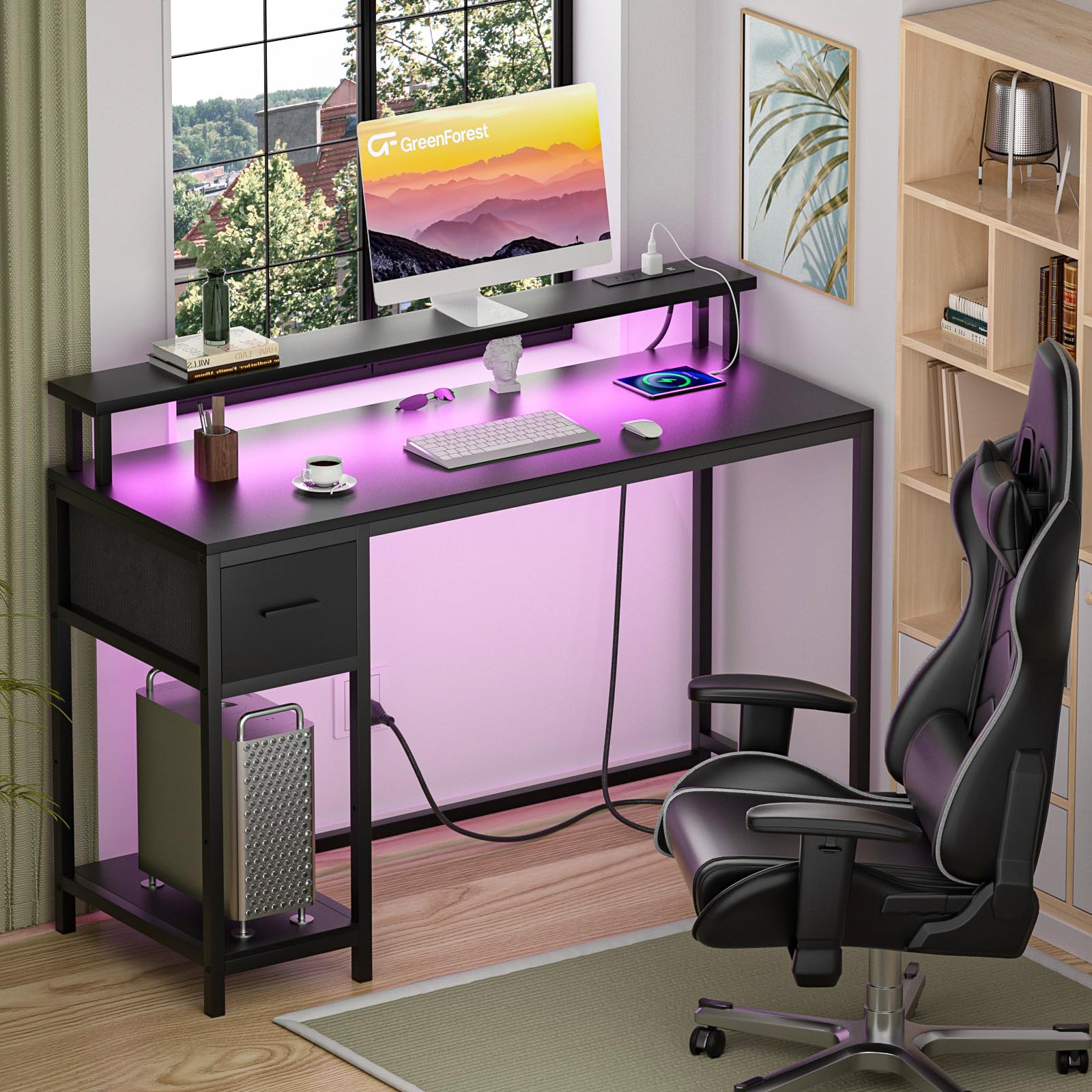 GreenForest Gaming Desk 39 Inch with LED Lights and Monitor Stand, Computer Desk with Drawer for Small Spaces, Office Desk with Power Outlets and Shelf, Black