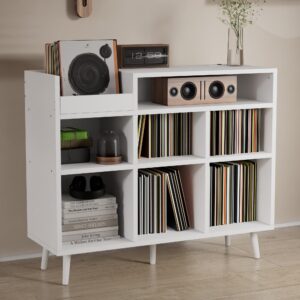 record storage cabinet, turntable shelf with vinyl storage up to 500 albums, vinyl record player shelf with power outlet sideboard buffet cabinet with storage accent cabinets for living room (white)