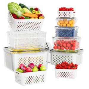 6 pcs large fruit containers for fridge, airtight food storage containers with removable colander, dishwasher & microwave safe, berry produce container keep vegetable, fruit, meat fresh longer